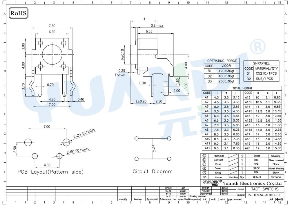 Yuandi TS-1093A tactile switch technical drawing