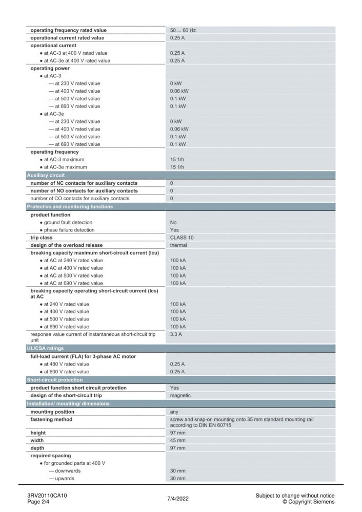 SIEMENS 3RV20110CA10 datasheet page 2