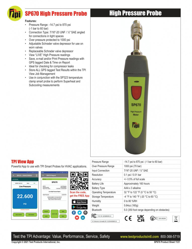 SP670 High Pressure Probe product documentation image