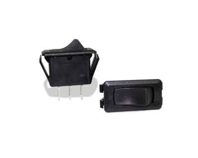 Rocker switch black 2P SPST 12.9 mm x 19.2 mm On-Off w/IO white legend 20A 125VAC snap in .187″ QC