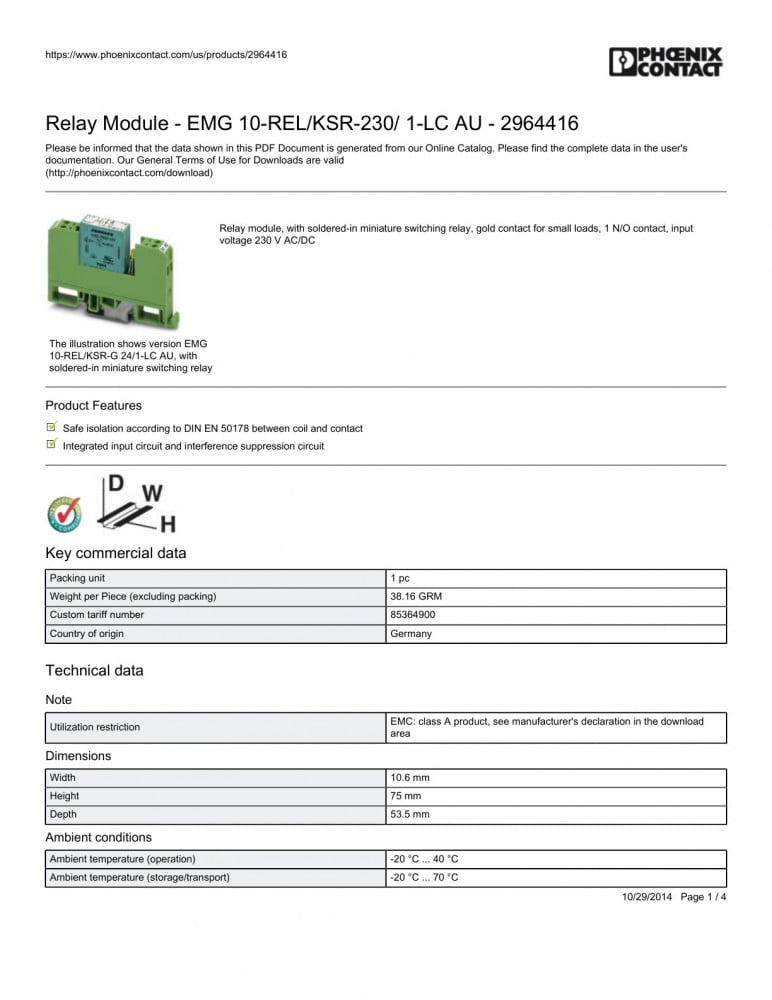 Phoenix Contact 2964416 product documentation page 1