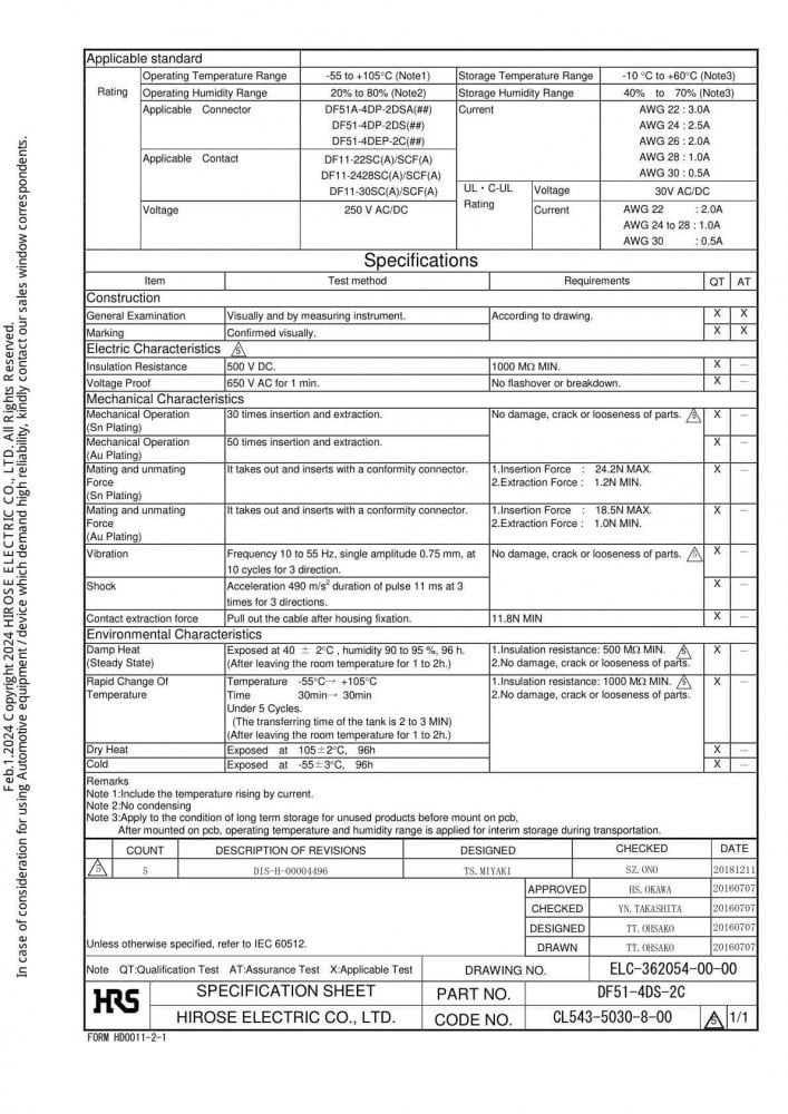 HRS DF51-4DS-2C specification sheet preview