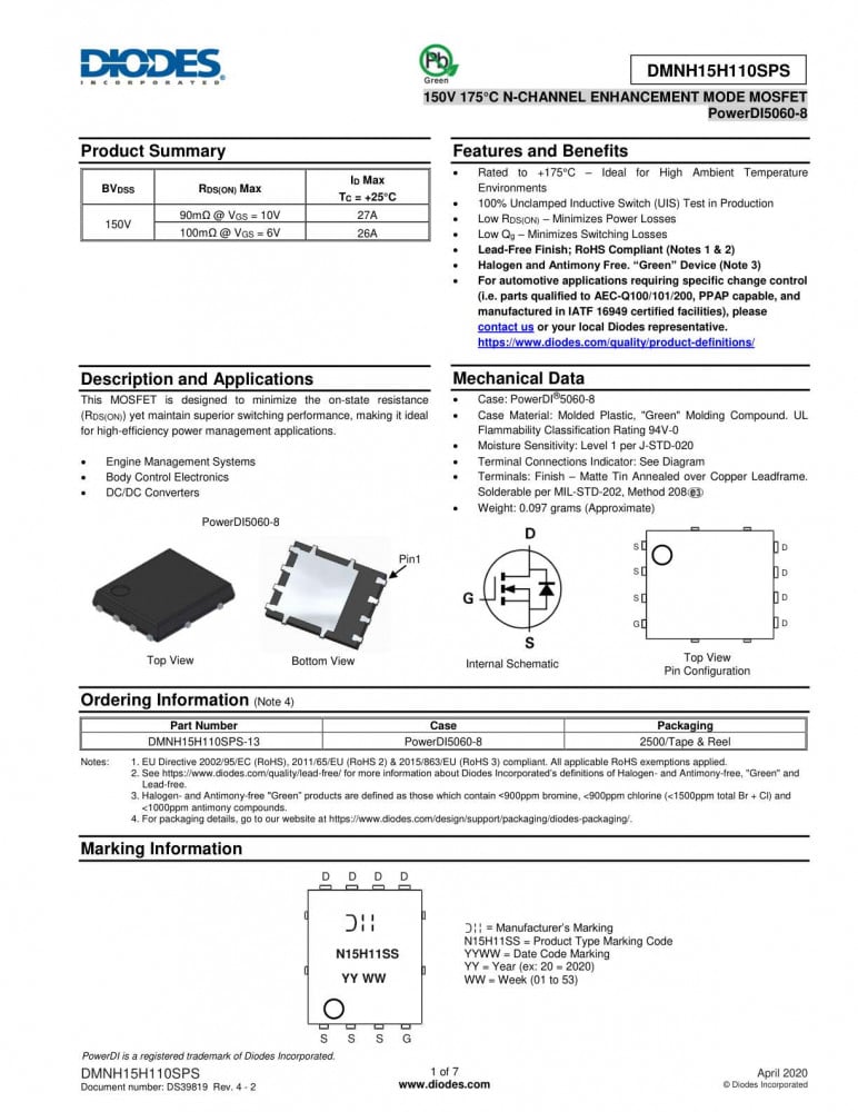 DMNH15H110SPS-13 datasheet page 1