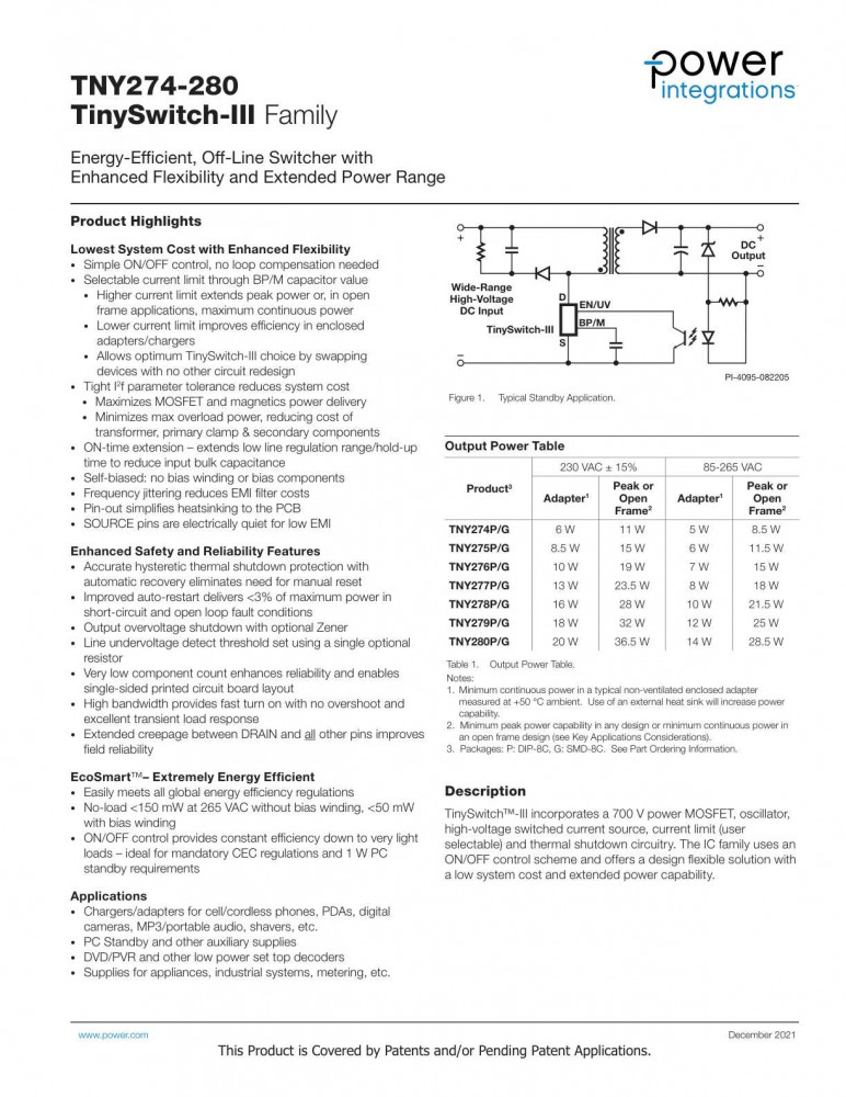TNY274-280 datasheet page 1