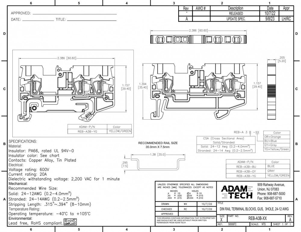 ADAM TECH REB-A3B rail terminal block product drawing