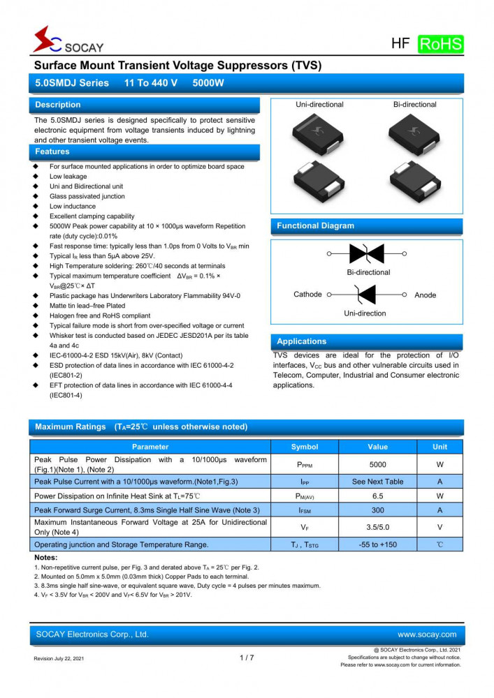 SOCAY 5.0SMDJ TVS datasheet page 1