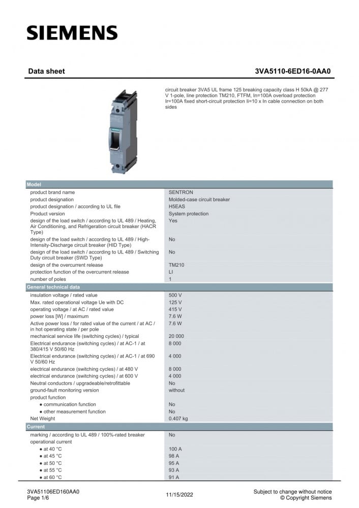3VA5110-6ED16-0AA0 technical document page 1