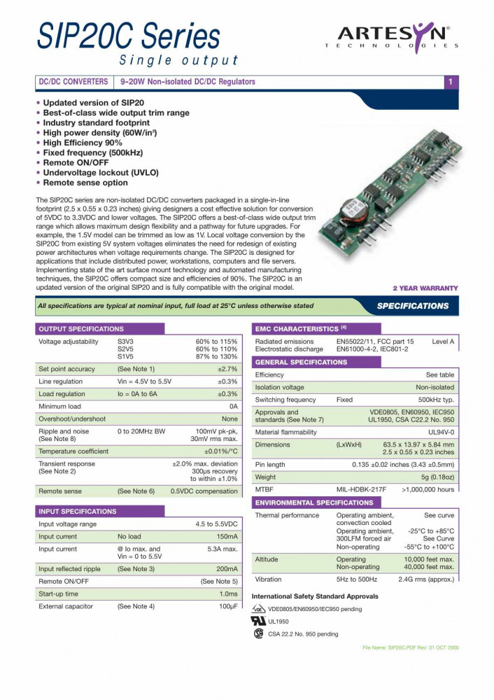 Artesyn SIP20C series datasheet page 1