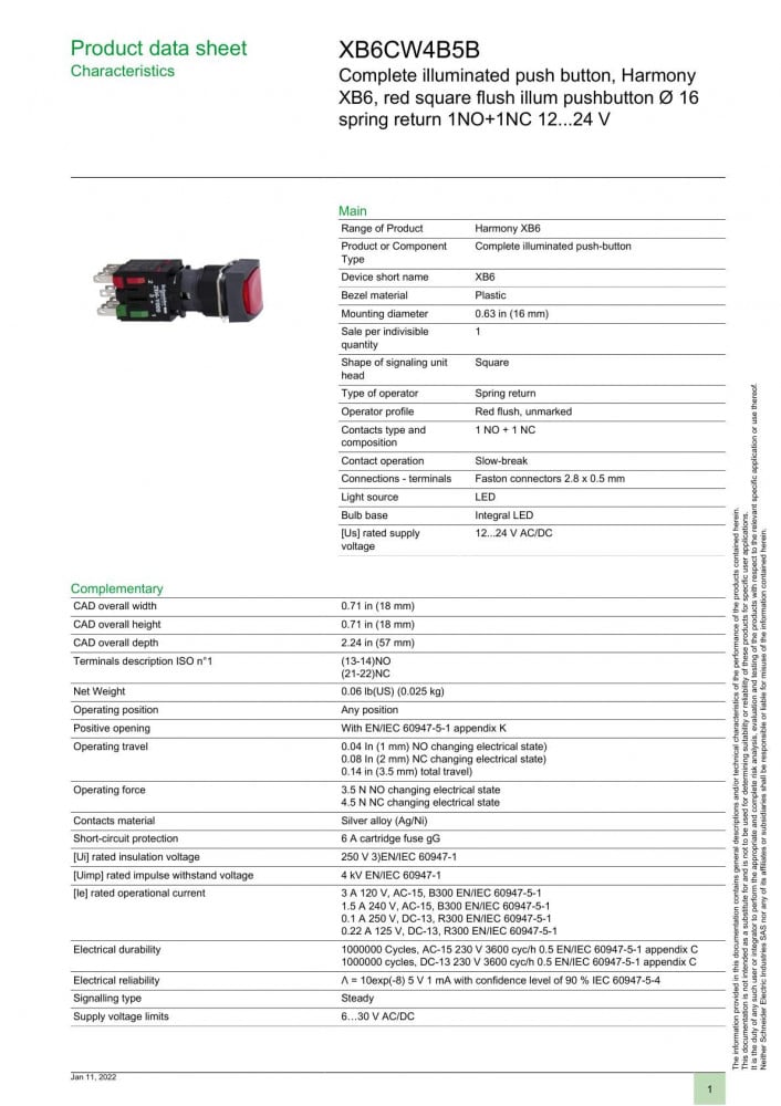 XB6CW4B5B technical document page 1