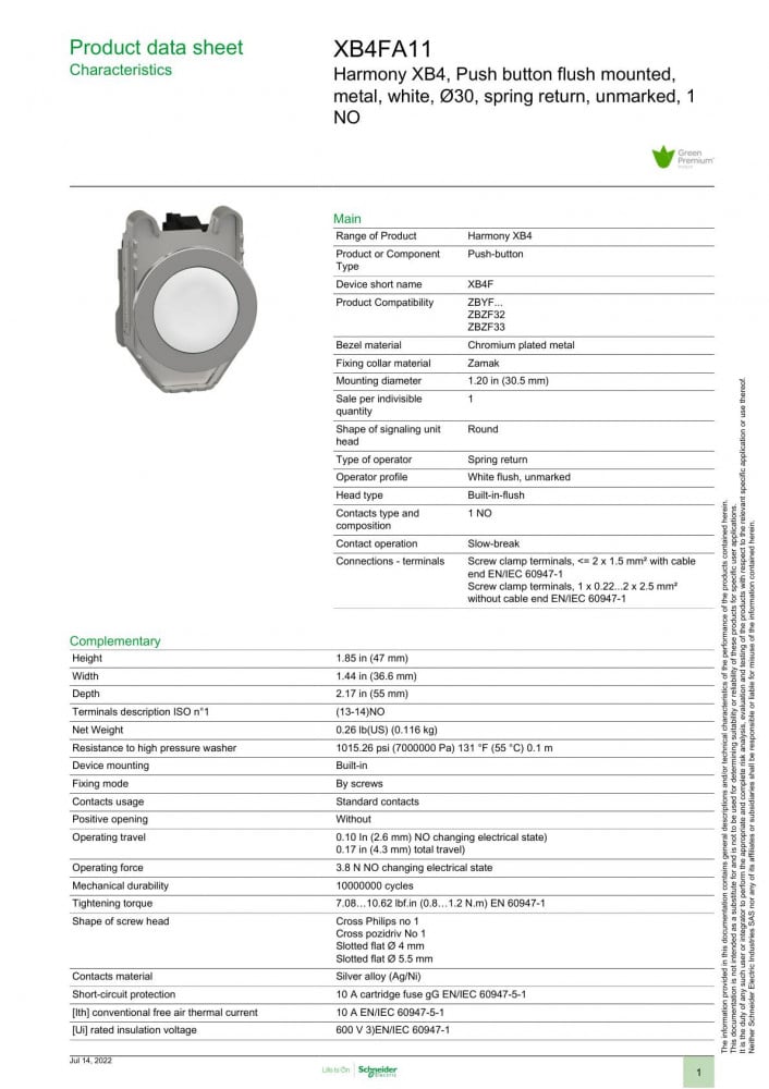 XB4FA11 technical document page 1