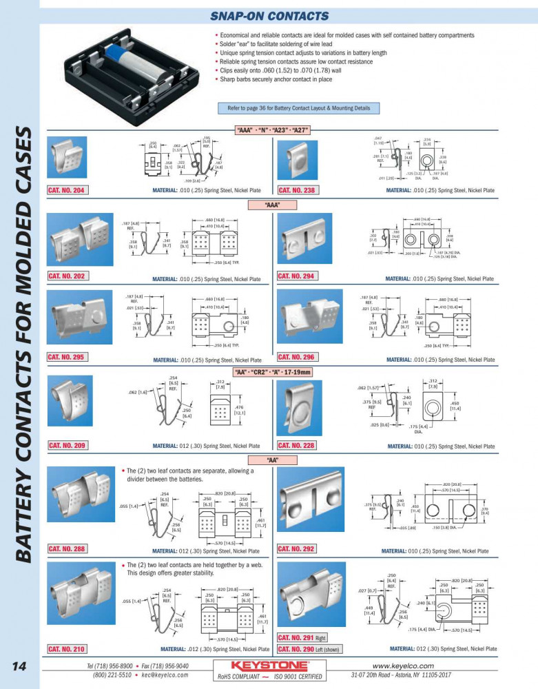 LEA NETWORKS battery contact catalog documentation page