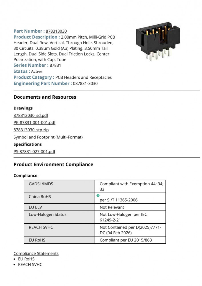 MOLEX 878313030 product document preview, page 1
