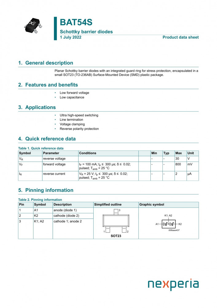BAT54S datasheet page 1