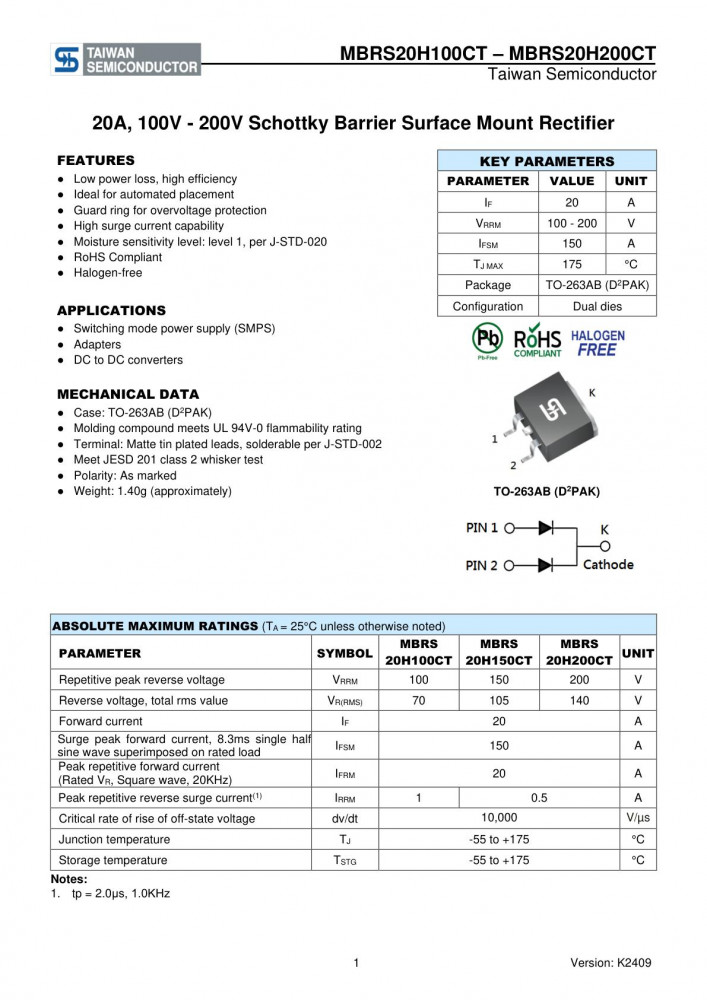MBRS20H200CT technical document page 1