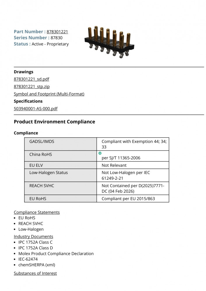 MOLEX 878301221 product document page 1