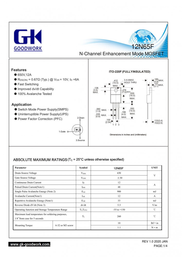 GOODWORK 12N65F datasheet page 1