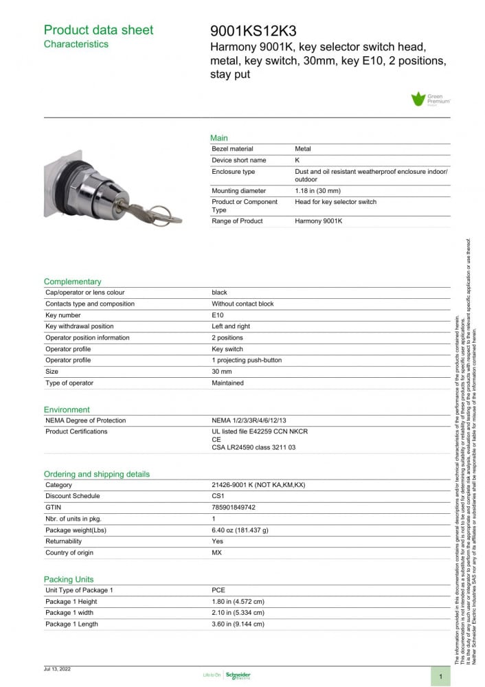 9001KS12K3 technical document page 1