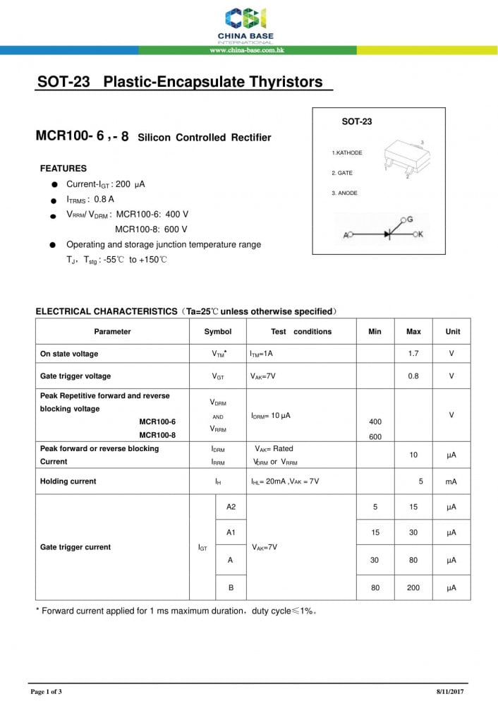 MCR100-8 datasheet page 1