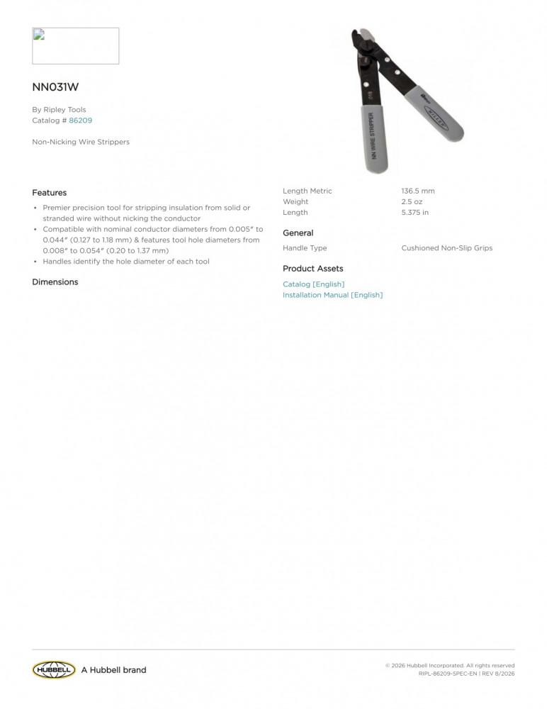 Catalog visual for Burndy catalog 86209 NNO31W wire stripper