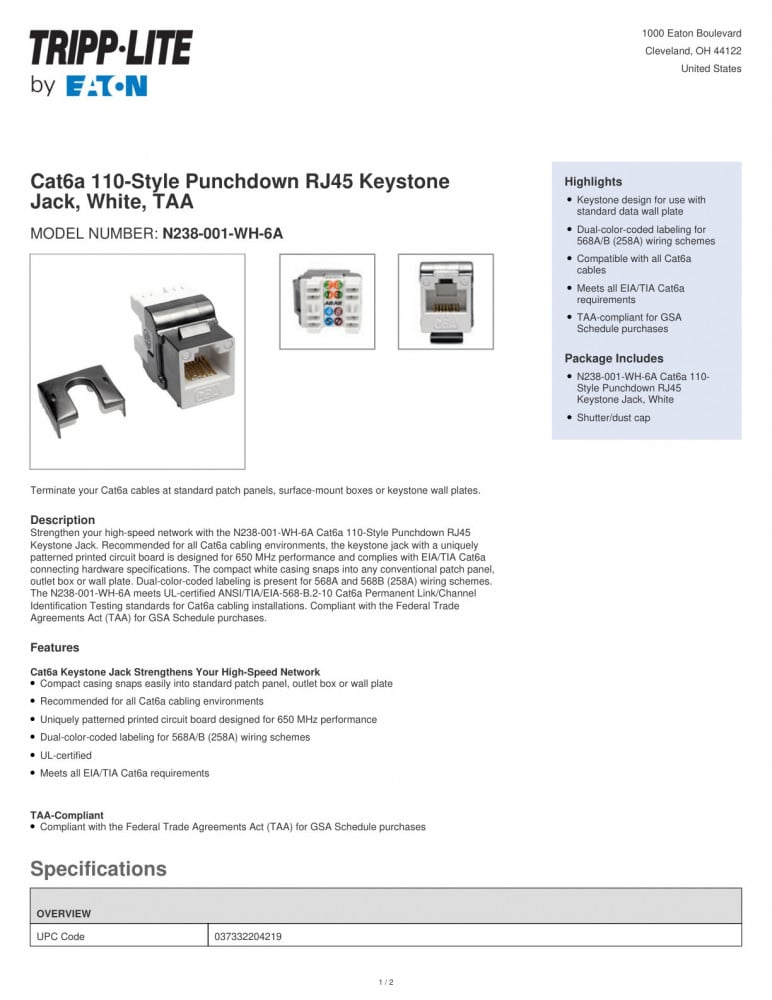 N238-001-WH-6A technical document page 1