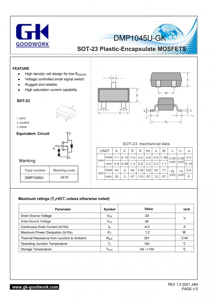 DMP1045U-GK datasheet page 1