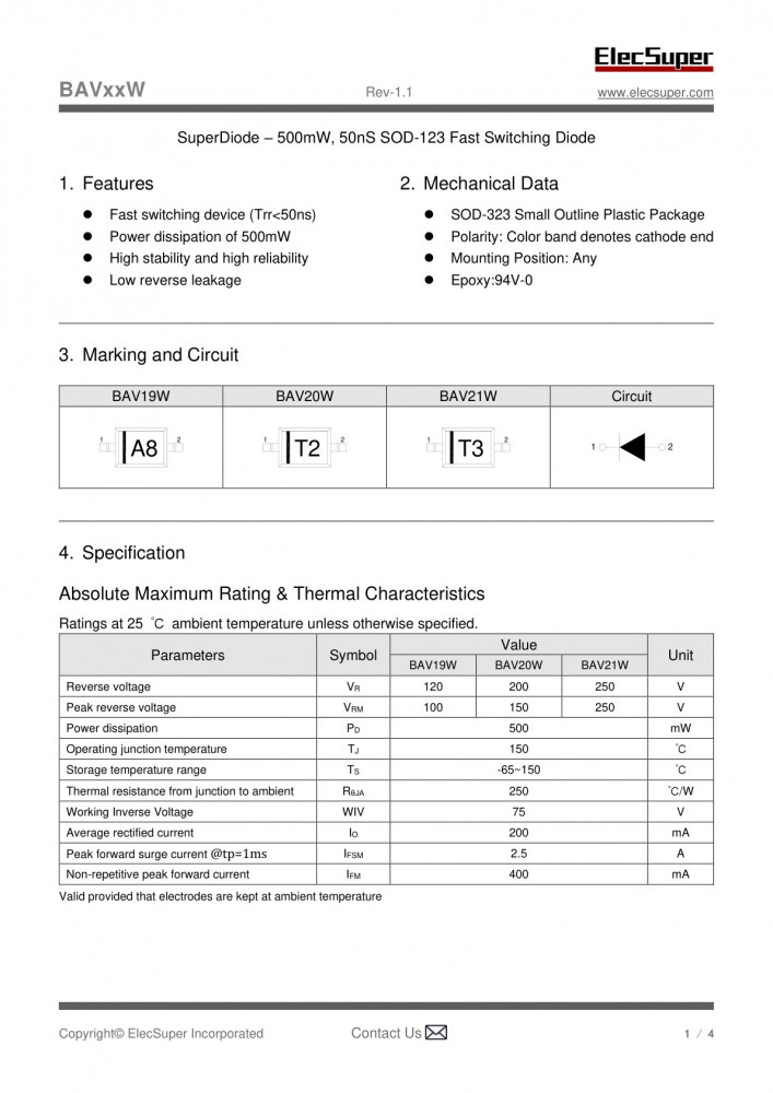 BAV21W datasheet page 1
