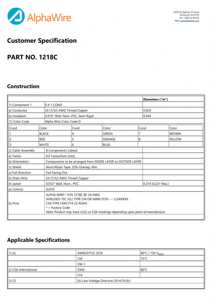 Alpha Wire 1218C technical specification page 1