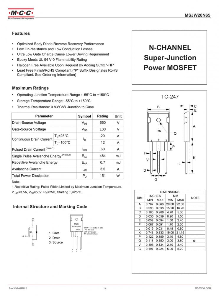 MSJW20N65-BP datasheet page 1
