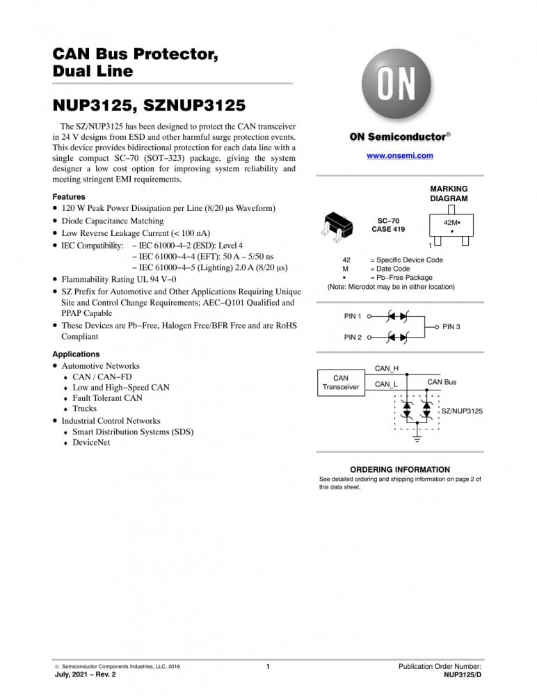SZNUP3125WTT1G datasheet page 1
