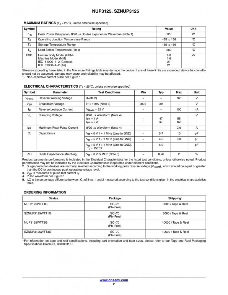 SZNUP3125WTT1G datasheet page 2