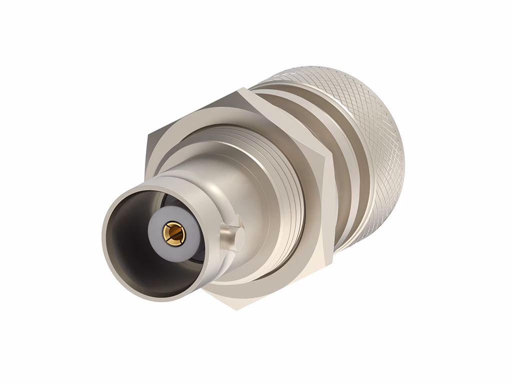 N Jack, Straight, 4-Hole Flange Mount, with O-Ring, Brass Body, Nickel (Ni) Plated, Candlestick Contact, 11.00mm Length, Tray, 50 Ohms