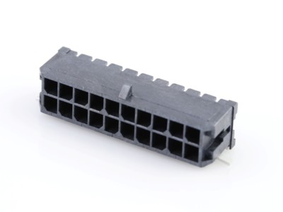 Micro-Fit 3.0 Right-Angle Header, 3.00mm Pitch, Dual Row, 20 Circuits, with Solder Tab, 0.76µm Gold Plating, Glow-Wire Capable, Black, Tape and Reel for sale