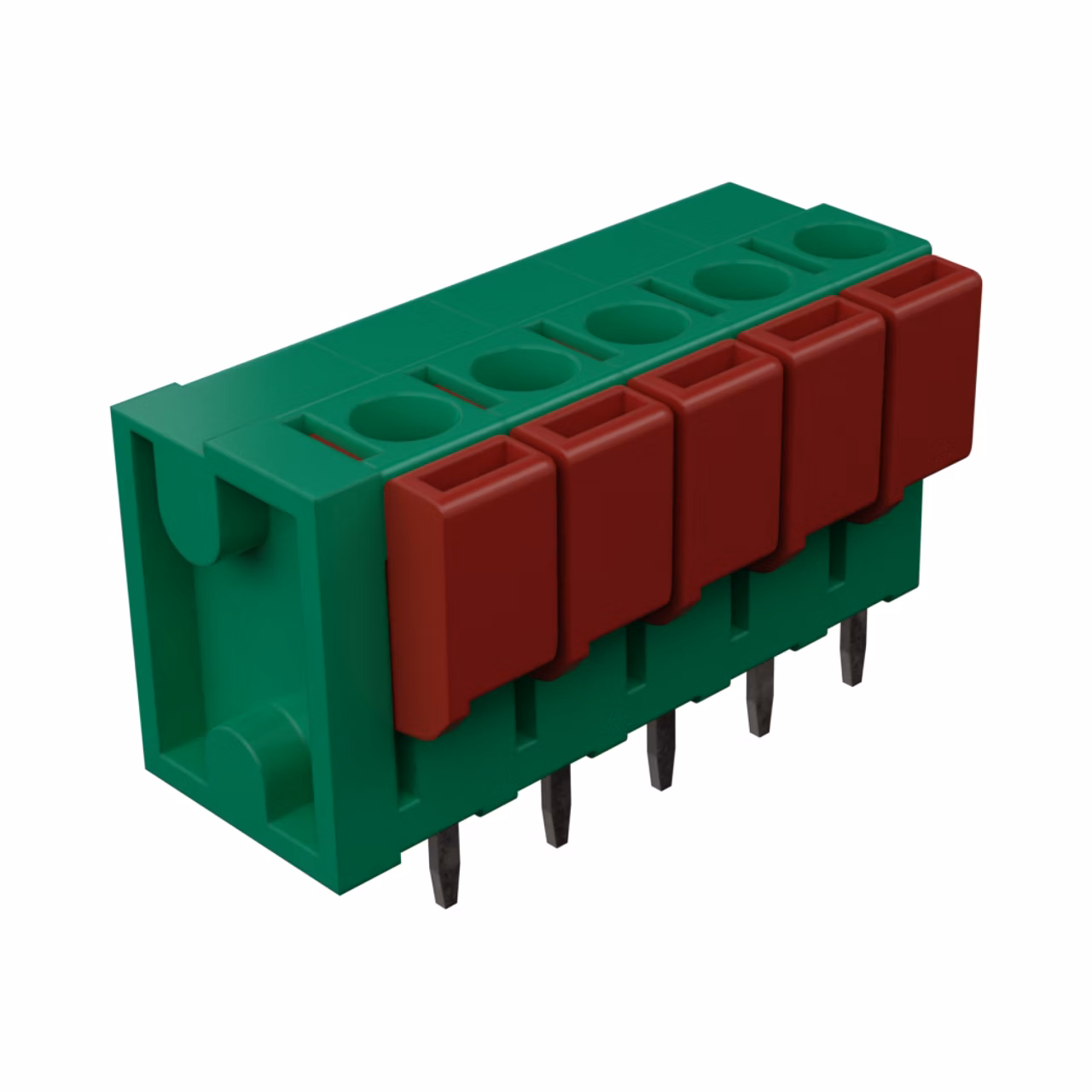 5.00mm Pitch, Eurostyle Fixed-Mount Push-Button Terminal Block, Vertical, 10A, 22-14 AWG, Green, 5 Circuits for sale