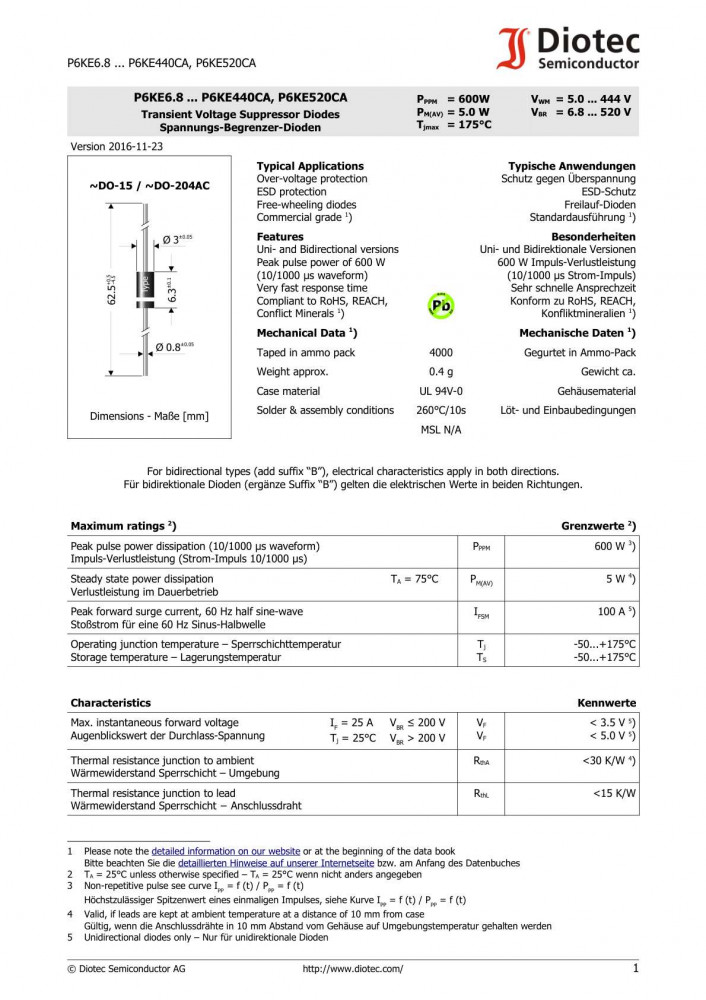 DIOTEC P6KE series datasheet page 1