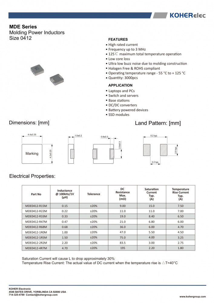 KOHERelec MDE0412-2R2M datasheet page 1