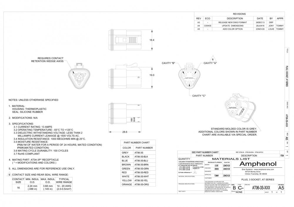 Amphenol AT06-3S-BLK technical drawing page 1