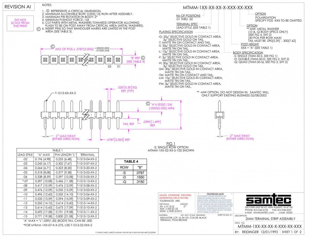 Samtec MTMM terminal strip drawing page 1