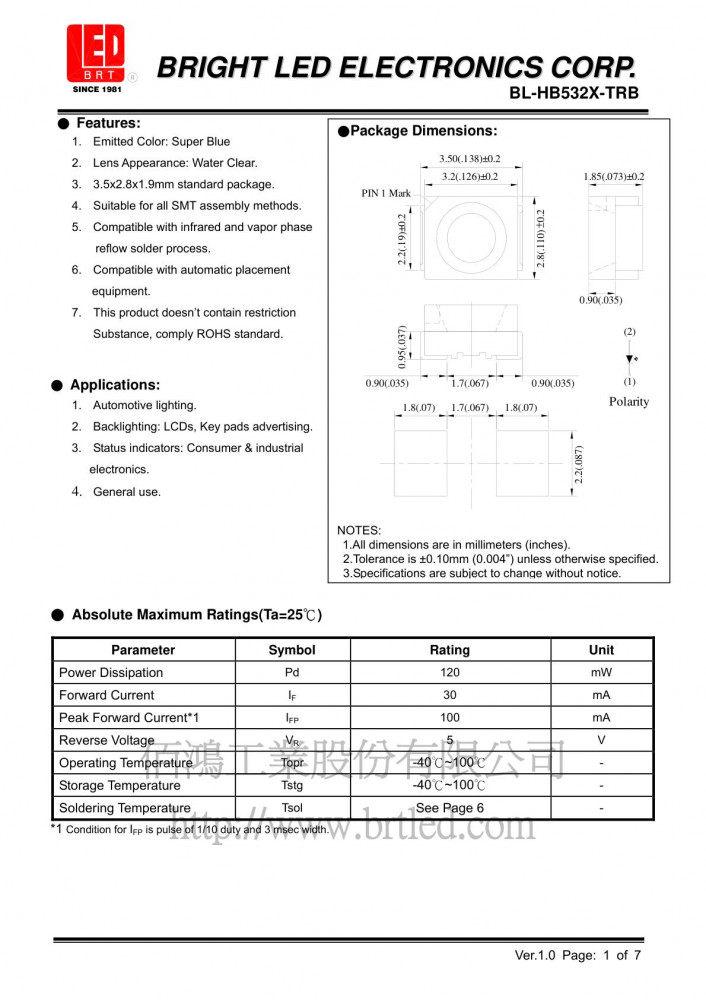 BL-HB532X-TRB technical document, page 1