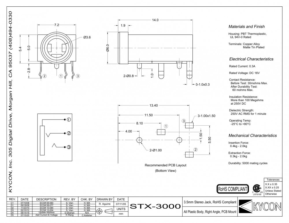 STX-3000 3.5 mm stereo jack technical drawing