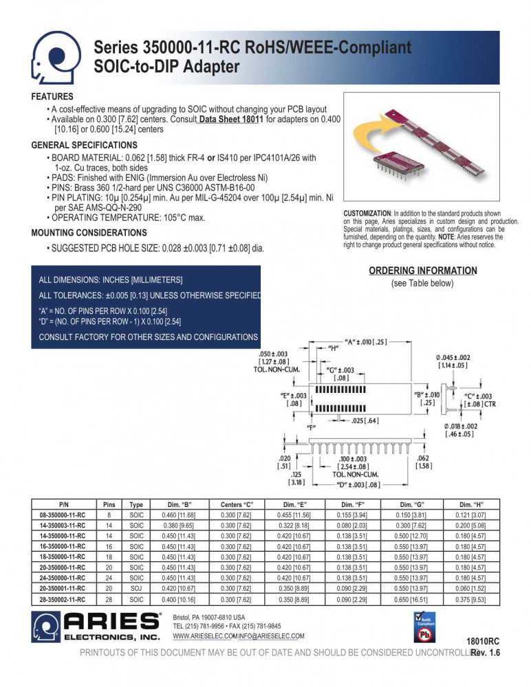 Series 350000-11-RC SOIC-to-DIP adapter technical document