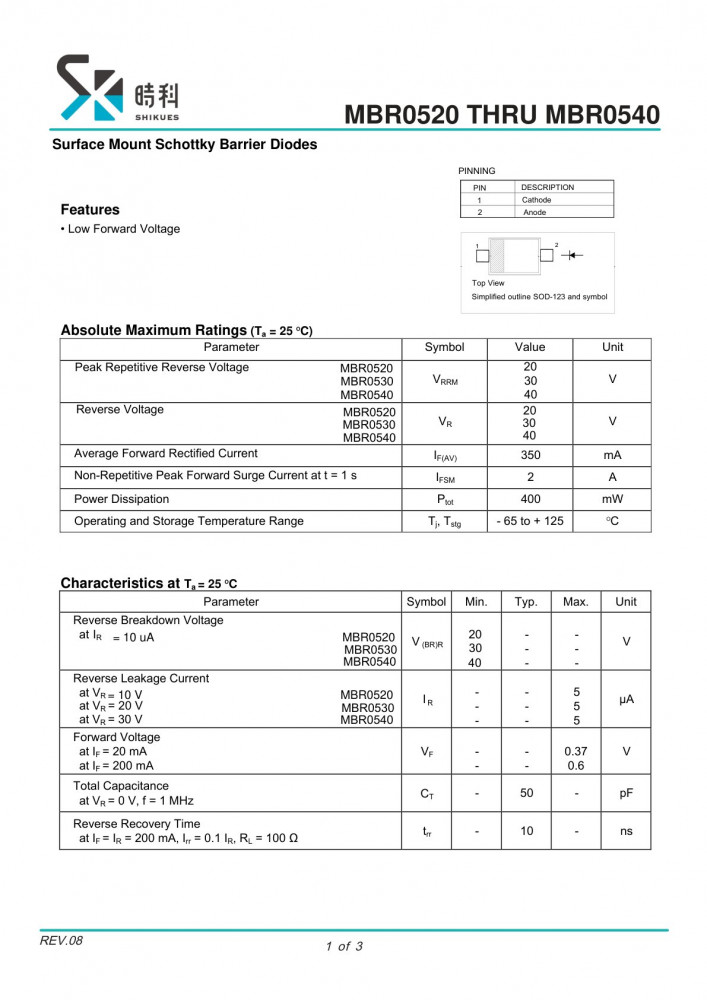 MBR0540 datasheet page 1