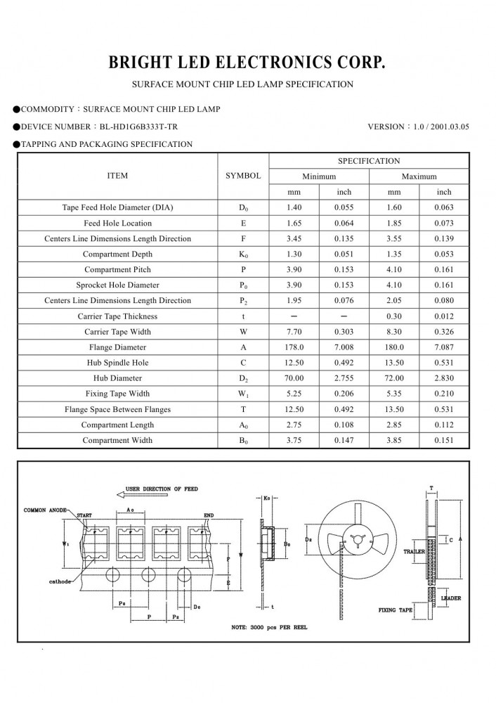 BL-HD1G6B333T-TR series tape and reel packaging specification document page