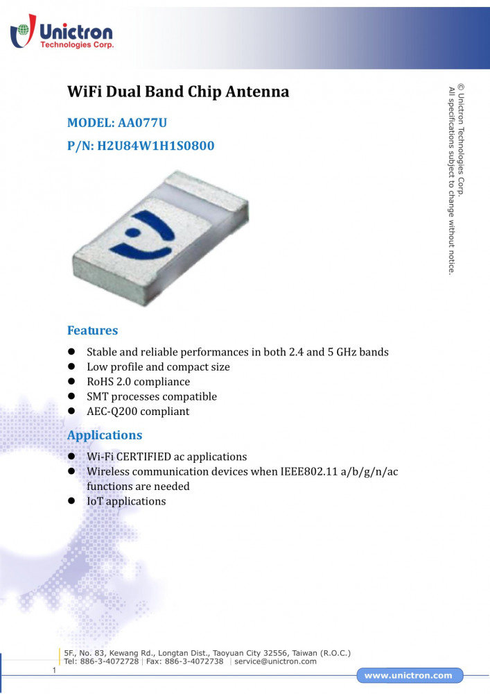 AA077U product document page 1