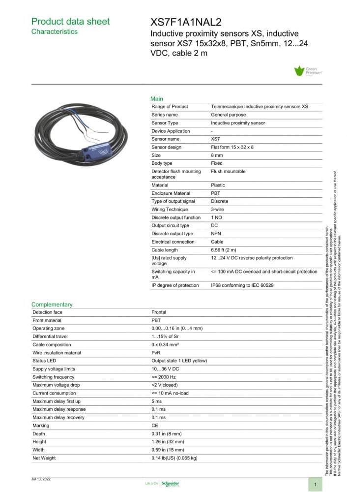 XS7F1A1NAL2 technical document page 1