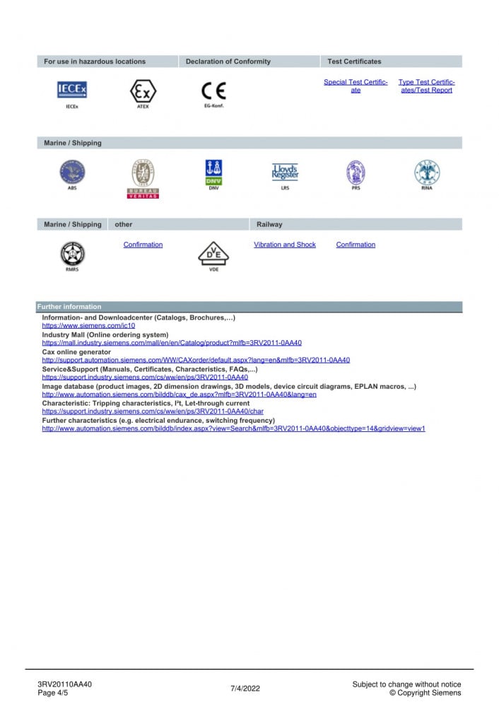 3RV20110AA40 datasheet page 4