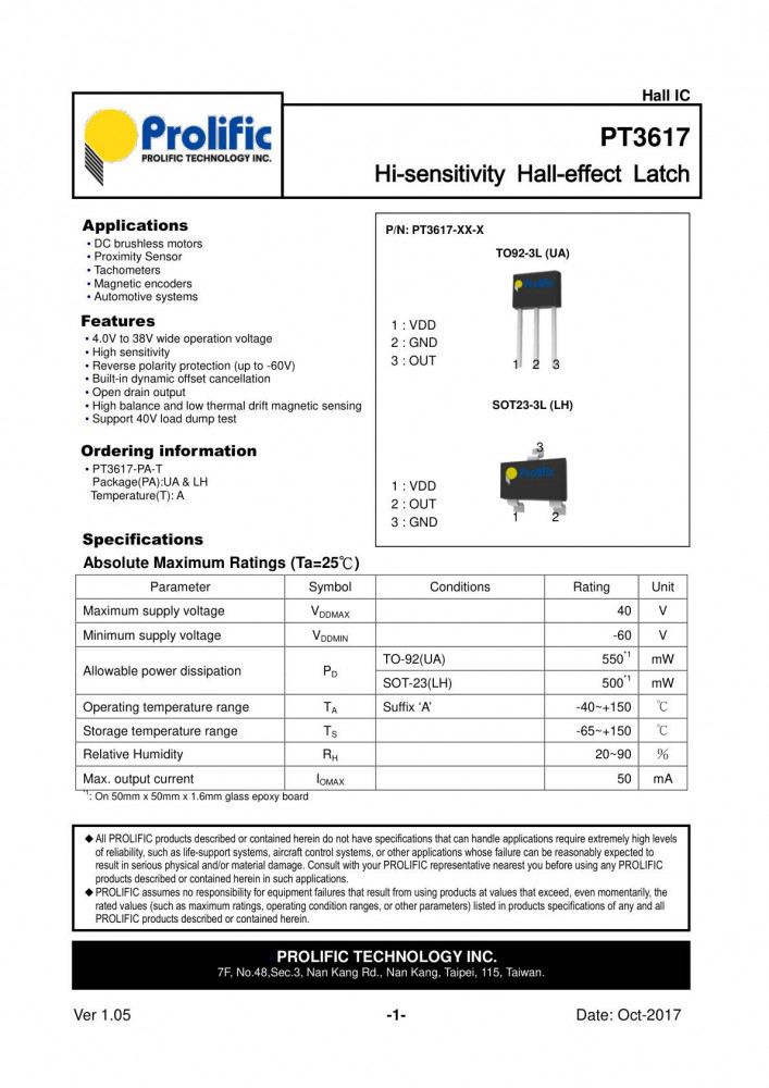 PT3617F1SAG8P1 datasheet page 1