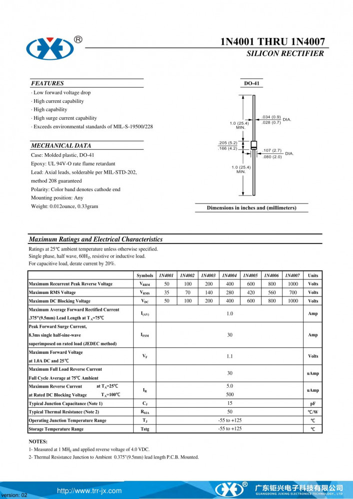 JUXING 1N4007 datasheet page one
