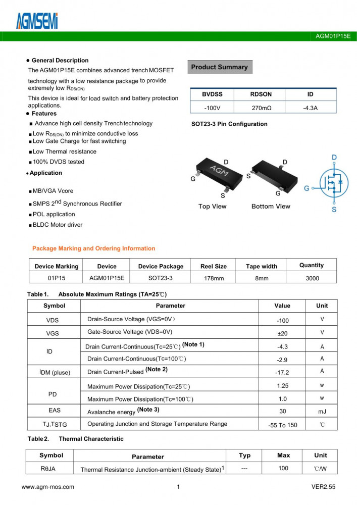 AGM01P15E datasheet page 1