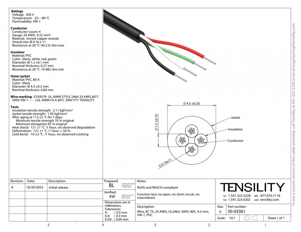 Tensility International 30-03361 cable product drawing