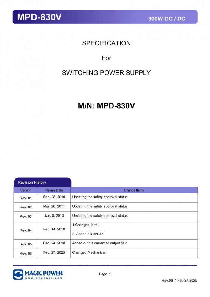 MPD-830V specification page 1